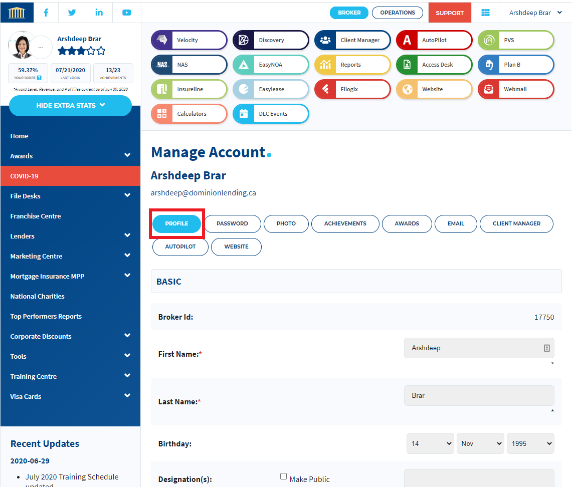 How do I change profile information on website? – Dominion Lending Centres